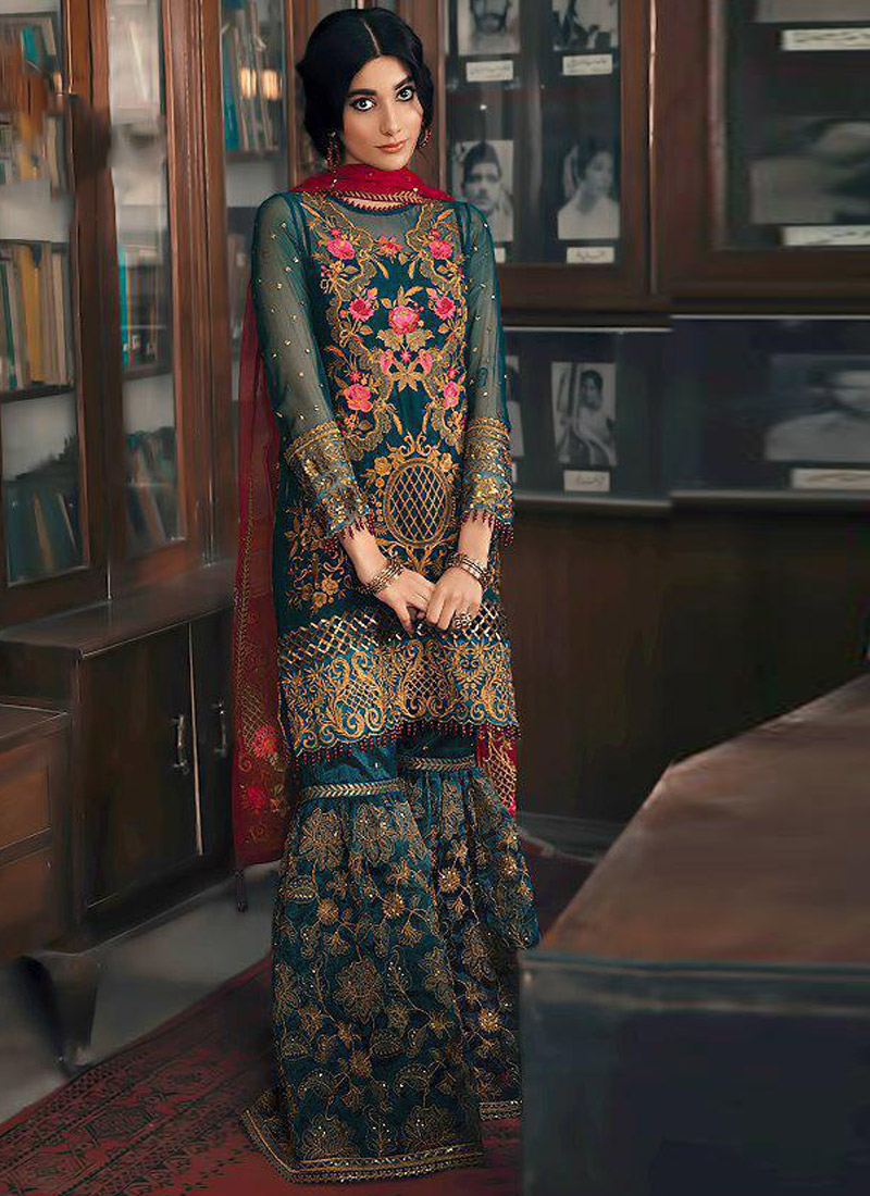 Pakistani Suits Online Singapore : Teal Green Georgette Pakistani ...