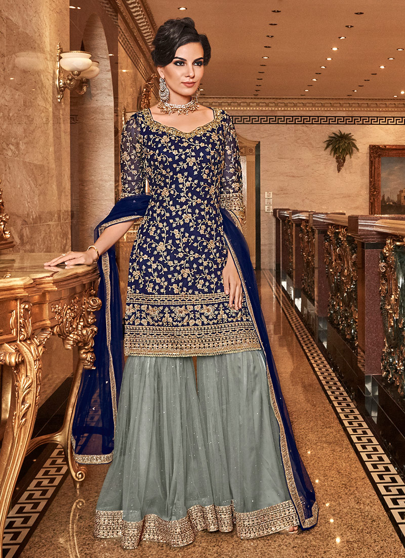 Salwar Suits Kuwait: Blue Net Wedding Wear Sharara Suit Violet Vol 30 ...
