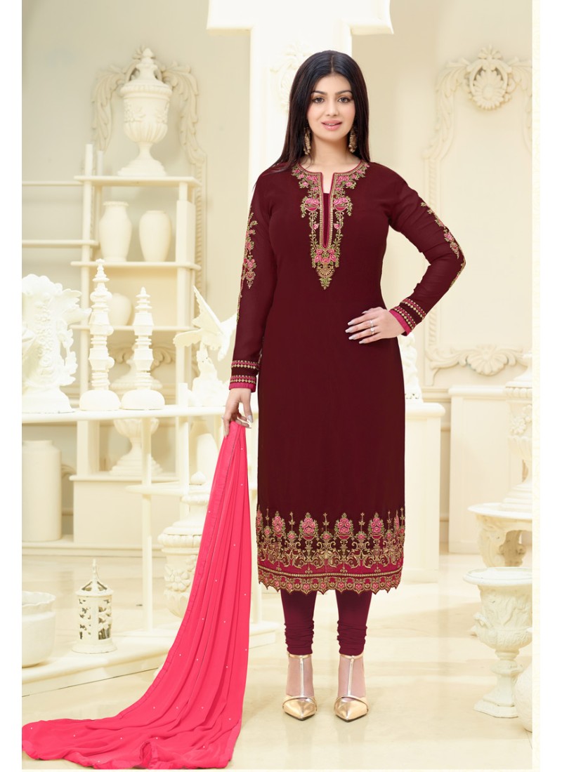 Buy Online Aashirwad Saffron Vol 2 Maroon Faux Georgette Straight Suit ...