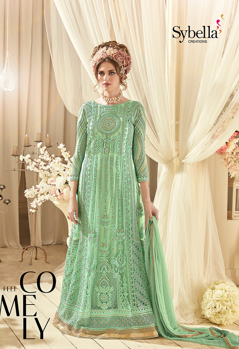 Shop Online Green Net Floor Length Anarkali Sybella-94 By Sybella Creations
