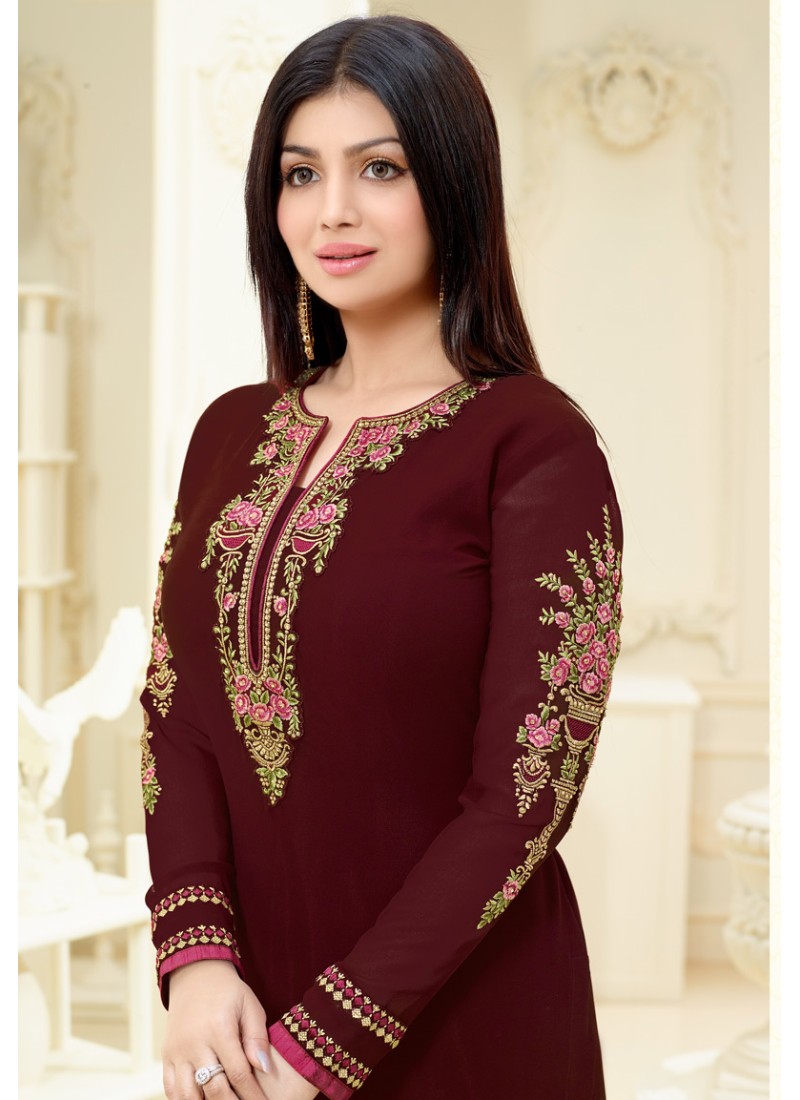 Buy Online Aashirwad Saffron Vol 2 Maroon Faux Georgette Straight Suit ...