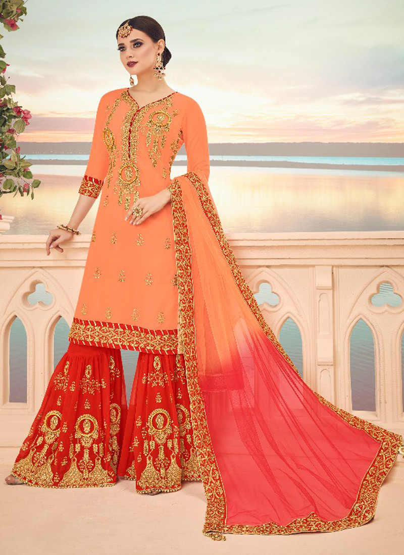 Indian Dresses Online Peach Geoegette Pakistani Sharara Salwar Kameez ...